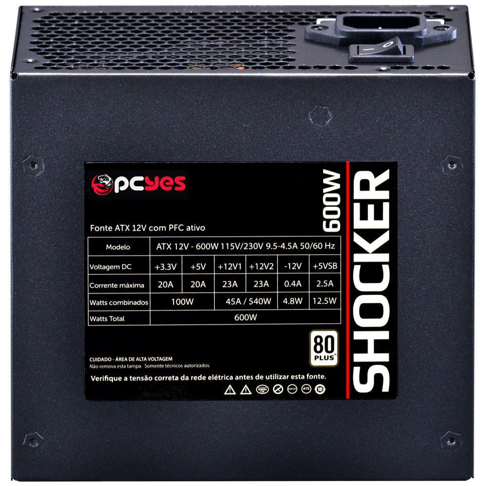 Fonte ATX - 600W - PCYes Shocker - 80 Plus - Preta - 24416 - waz