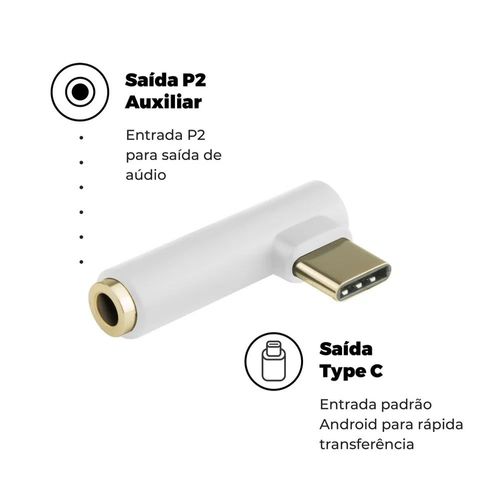 Adaptador - P2 > USB Type-C - GSHIELD - 4PV2PRDQY (Branco) - waz